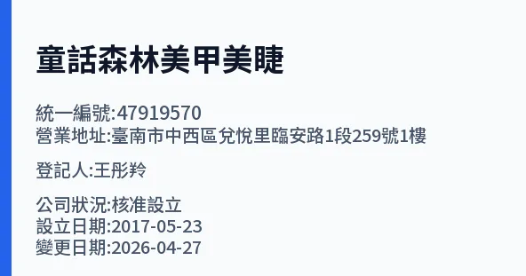 童話森林美甲美睫的照片-統編 47919570(臺南市) 公司登記資料與營業項目詳細圖表
