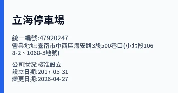 立海停車場的照片-統編 47920247(臺南市) 公司登記資料與營業項目詳細圖表