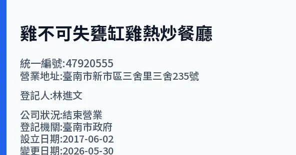 雞不可失甕缸雞熱炒餐廳的照片-統編 47920555(臺南市) 公司登記資料與營業項目詳細圖表