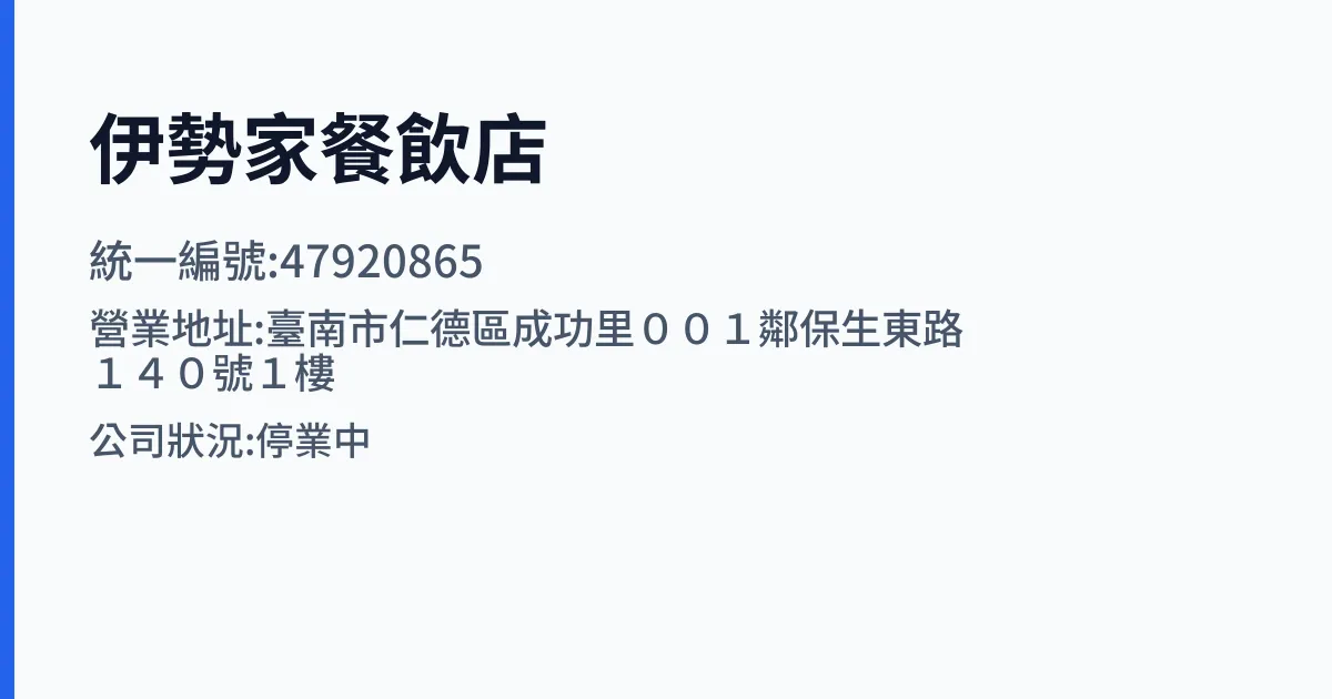 伊勢家餐飲店 - 統編 47920865（臺南市） 公司登記資料與營業項目詳細圖表