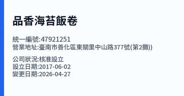 品香海苔飯卷的照片-統編 47921251(臺南市) 公司登記資料與營業項目詳細圖表