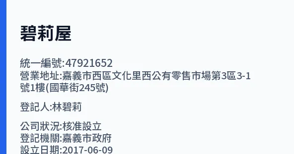 碧莉屋的照片-統編 47921652(嘉義市) 公司登記資料與營業項目詳細圖表