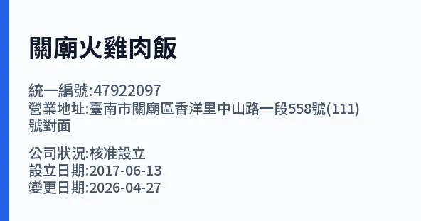 關廟火雞肉飯的照片-統編 47922097(臺南市) 公司登記資料與營業項目詳細圖表