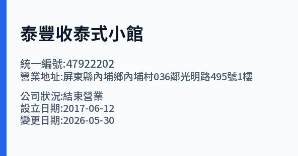 泰豐收泰式小館的照片-統編 47922202(屏東縣) 公司登記資料與營業項目詳細圖表