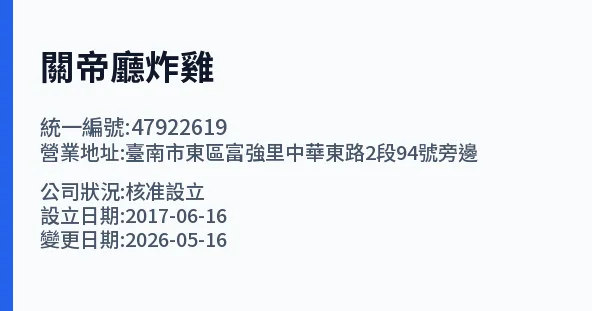 關帝廳炸雞的照片-統編 47922619(臺南市) 公司登記資料與營業項目詳細圖表