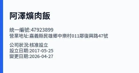 阿澤爌肉飯的照片-統編 47923899(嘉義縣) 公司登記資料與營業項目詳細圖表