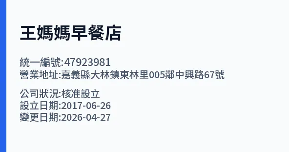 王媽媽早餐店的照片-統編 47923981(嘉義縣) 公司登記資料與營業項目詳細圖表