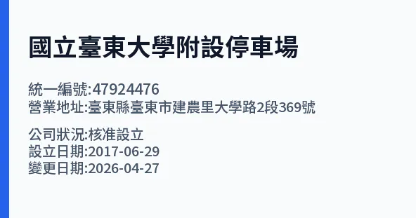 國立臺東大學附設停車場的照片-統編 47924476(臺東縣) 公司登記資料與營業項目詳細圖表