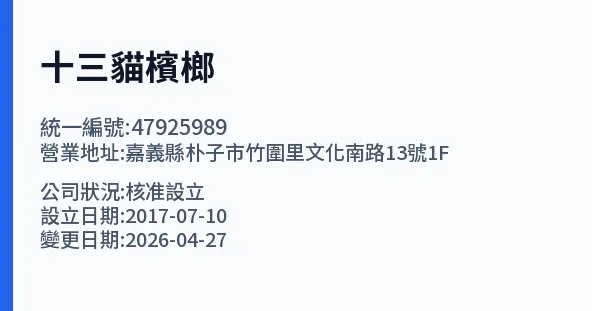十三貓檳榔的照片-統編 47925989(嘉義縣) 公司登記資料與營業項目詳細圖表
