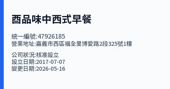 酉品味中西式早餐的照片-統編 47926185(嘉義市) 公司登記資料與營業項目詳細圖表