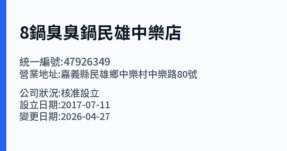 8鍋臭臭鍋民雄中樂店的照片-統編 47926349(嘉義縣) 公司登記資料與營業項目詳細圖表