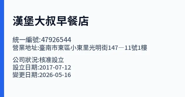 漢堡大叔早餐店的照片-統編 47926544(臺南市) 公司登記資料與營業項目詳細圖表