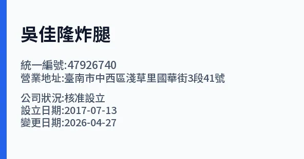 吳佳隆炸腿的照片-統編 47926740(臺南市) 公司登記資料與營業項目詳細圖表