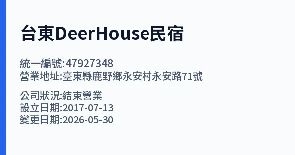 台東DeerHouse民宿的照片-統編 47927348(臺東縣) 公司登記資料與營業項目詳細圖表