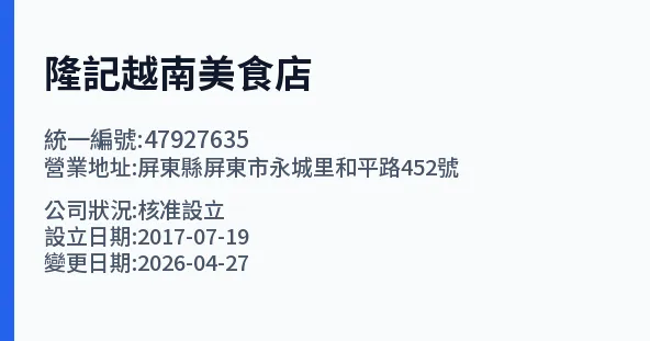 隆記越南美食店的照片-統編 47927635(屏東縣) 公司登記資料與營業項目詳細圖表