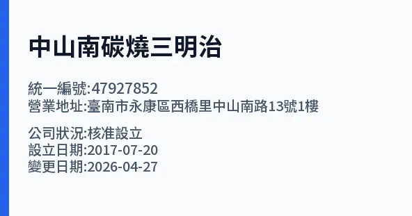 中山南碳燒三明治的照片-統編 47927852(臺南市) 公司登記資料與營業項目詳細圖表