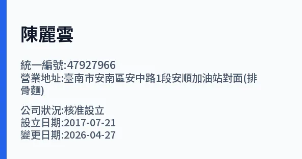 陳麗雲的照片-統編 47927966(臺南市) 公司登記資料與營業項目詳細圖表