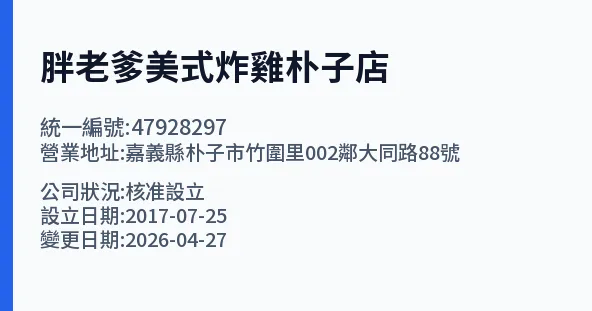 胖老爹美式炸雞朴子店的照片-統編 47928297(嘉義縣) 公司登記資料與營業項目詳細圖表