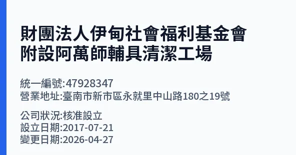 財團法人伊甸社會福利基金會附設阿萬師輔具清潔工場的照片-統編 47928347(臺南市) 公司登記資料與營業項目詳細圖表