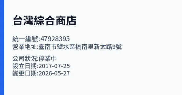 台灣綜合商店的照片-統編 47928395(臺南市) 公司登記資料與營業項目詳細圖表