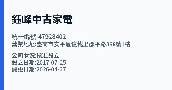 鈺峰中古家電的照片-統編 47928402(臺南市) 公司登記資料與營業項目詳細圖表
