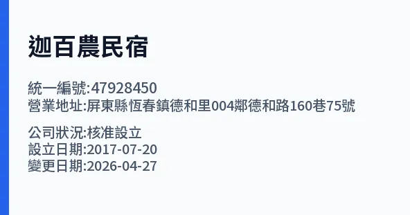 迦百農民宿的照片-統編 47928450(屏東縣) 公司登記資料與營業項目詳細圖表