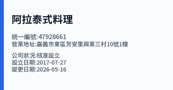 阿拉泰式料理的照片-統編 47928661(嘉義市) 公司登記資料與營業項目詳細圖表