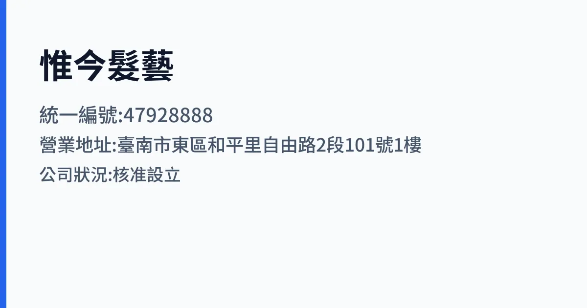 惟今髮藝 - 統編 47928888（臺南市） 公司登記資料與營業項目詳細圖表