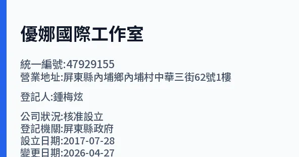 優娜國際工作室的照片-統編 47929155(屏東縣) 公司登記資料與營業項目詳細圖表