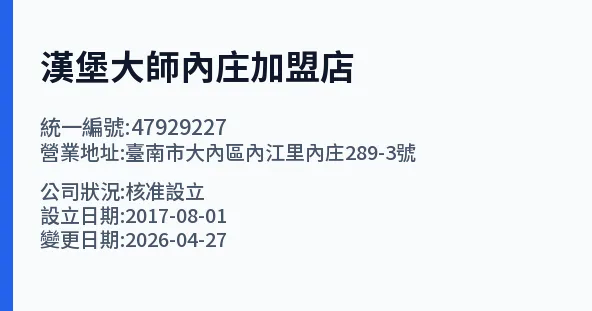 漢堡大師內庄加盟店的照片-統編 47929227(臺南市) 公司登記資料與營業項目詳細圖表