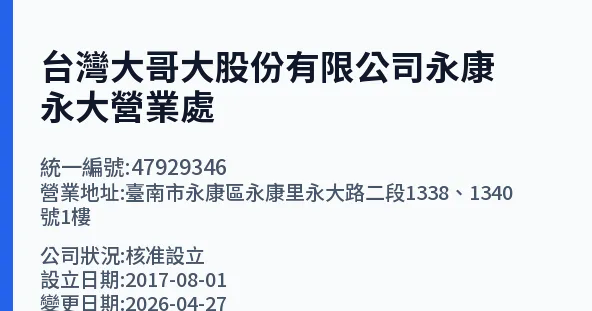 台灣大哥大股份有限公司永康永大營業處的照片-統編 47929346(臺南市) 公司登記資料與營業項目詳細圖表