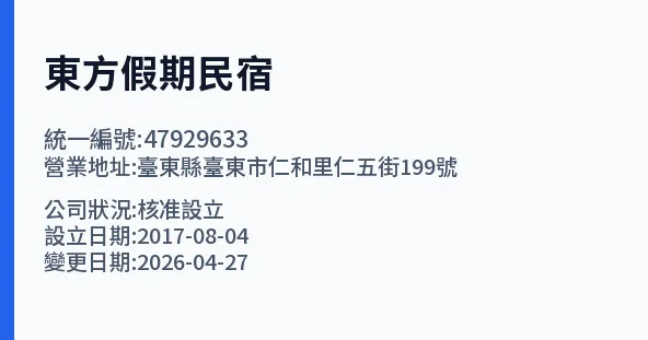 東方假期民宿的照片-統編 47929633(臺東縣) 公司登記資料與營業項目詳細圖表