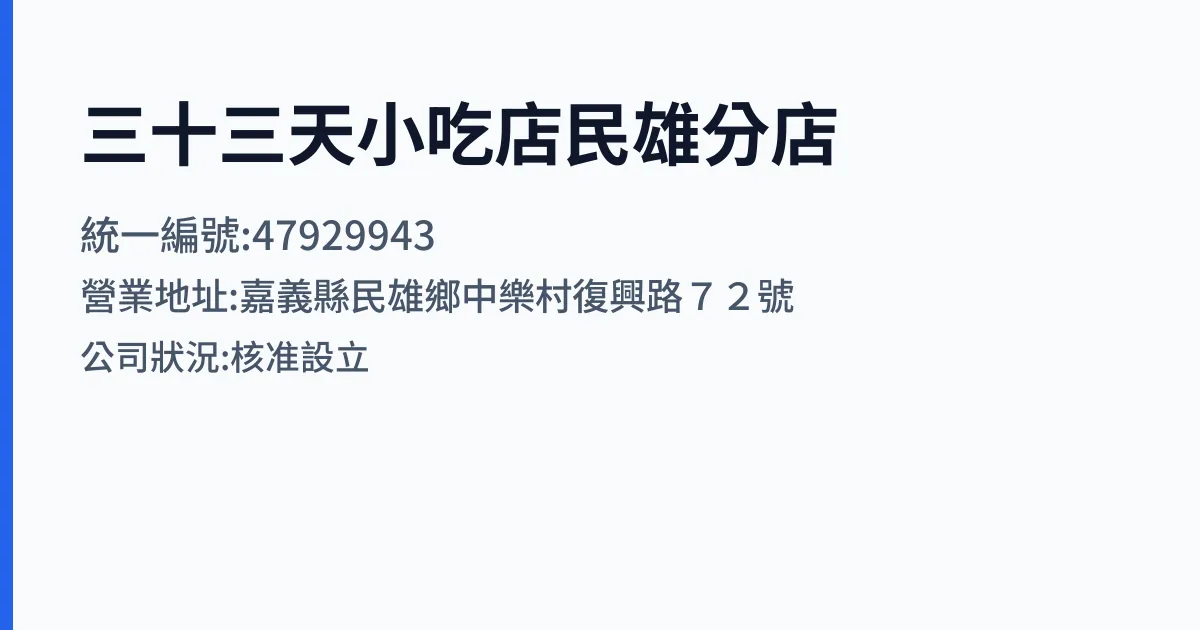 三十三天小吃店民雄分店 - 統編 47929943(嘉義縣) 公司登記資料與營業項目詳細圖表