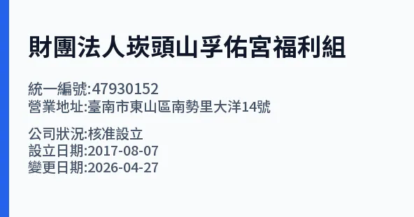 財團法人崁頭山孚佑宮福利組的照片-統編 47930152(臺南市) 公司登記資料與營業項目詳細圖表