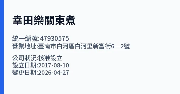 幸田樂關東煮的照片-統編 47930575(臺南市) 公司登記資料與營業項目詳細圖表