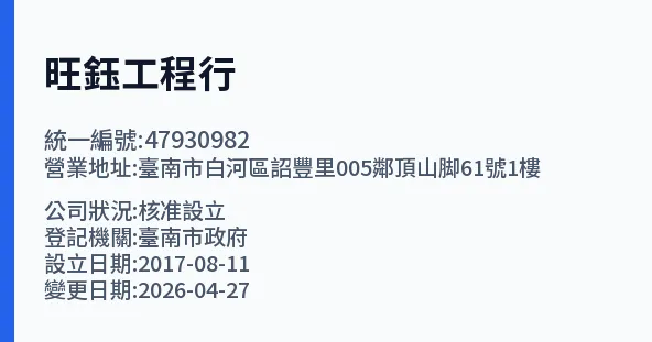 旺鈺工程行的照片-統編 47930982(臺南市) 公司登記資料與營業項目詳細圖表