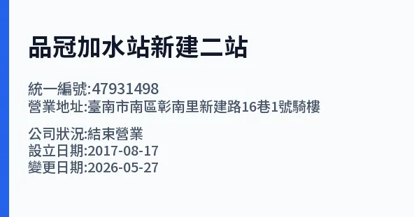 品冠加水站新建二站的照片-統編 47931498(臺南市) 公司登記資料與營業項目詳細圖表