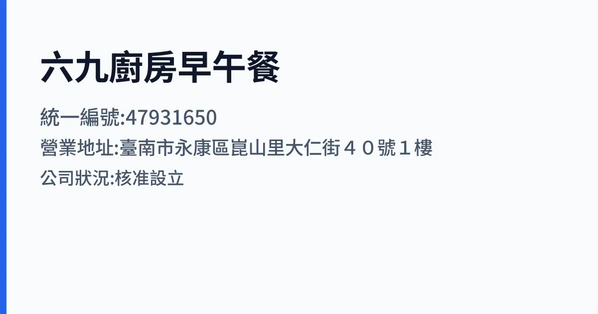 六九廚房早午餐 - 統編 47931650(臺南市) 公司登記資料與營業項目詳細圖表