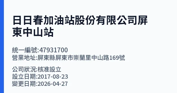 日日春加油站股份有限公司屏東中山站的照片-統編 47931700(屏東縣) 公司登記資料與營業項目詳細圖表
