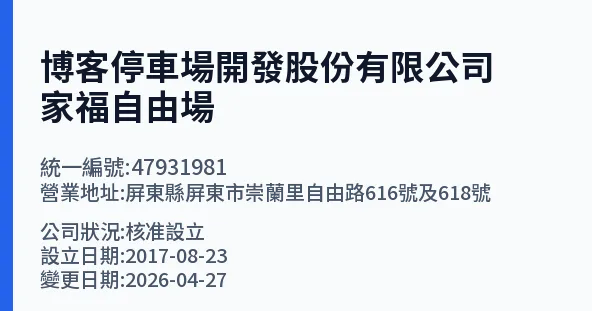 博客停車場開發股份有限公司家福自由場的照片-統編 47931981(屏東縣) 公司登記資料與營業項目詳細圖表