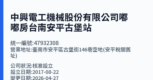 中興電工機械股份有限公司嘟嘟房台南安平古堡站的照片-統編 47932308(臺南市) 公司登記資料與營業項目詳細圖表