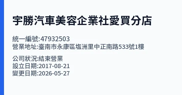 宇勝汽車美容企業社愛買分店的照片-統編 47932503(臺南市) 公司登記資料與營業項目詳細圖表
