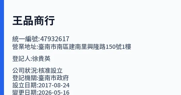 王品商行的照片-統編 47932617(臺南市) 公司登記資料與營業項目詳細圖表