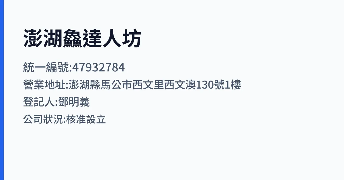澎湖鱻達人坊 - 統編 47932784(澎湖縣) 公司登記資料與營業項目詳細圖表