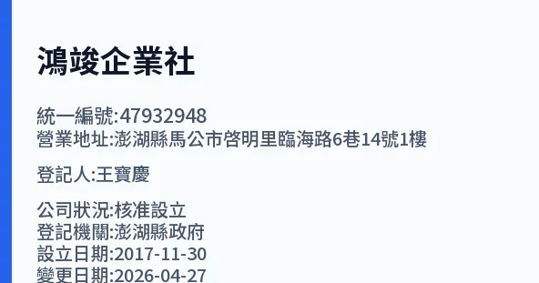 鴻竣企業社的照片-統編 47932948(澎湖縣) 公司登記資料與營業項目詳細圖表