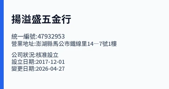 揚溢盛五金行的照片-統編 47932953(澎湖縣) 公司登記資料與營業項目詳細圖表