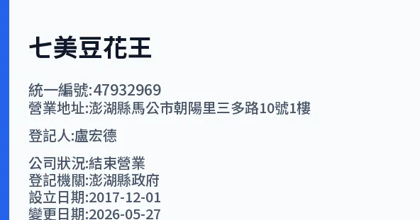七美豆花王的照片-統編 47932969(澎湖縣) 公司登記資料與營業項目詳細圖表