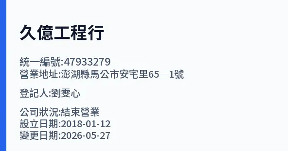 久億工程行的照片-統編 47933279(澎湖縣) 公司登記資料與營業項目詳細圖表