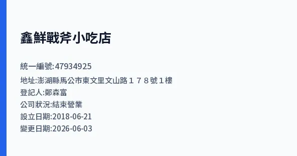 鑫鮮戰斧小吃店的照片-統編 47934925(澎湖縣) 公司登記資料與營業項目詳細圖表