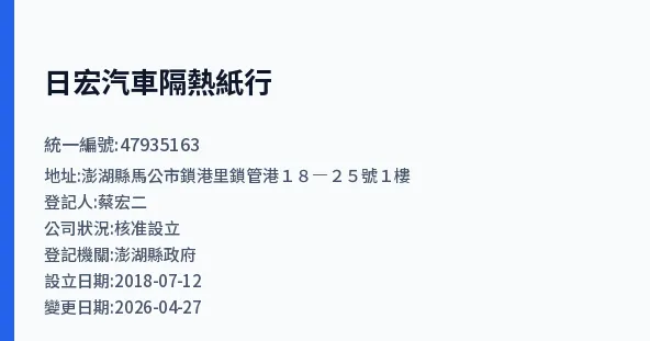 日宏汽車隔熱紙行的照片-統編 47935163(澎湖縣) 公司登記資料與營業項目詳細圖表